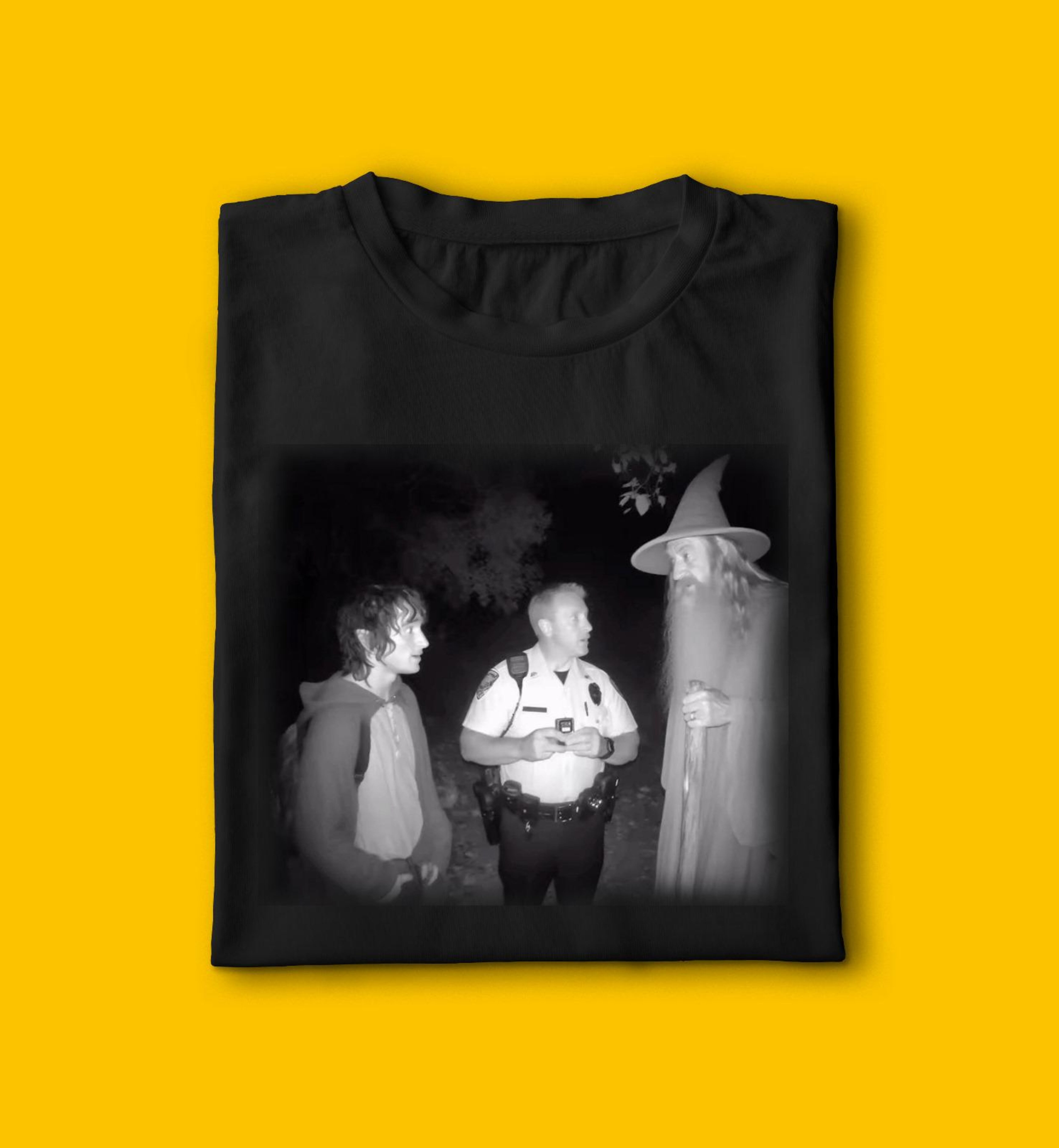 Fantasy Adventure Humorous Print Tee Wizard and Crew Arrested by Police ...