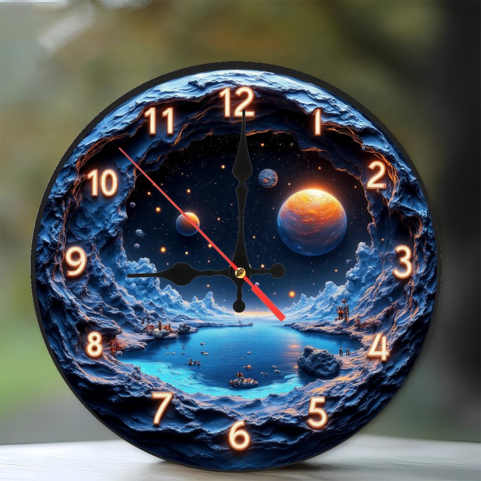 Fantasy Alien Planet Wall Clock 10-Inch Silent Wooden Wall Clock, Battery Operated (AA Batteries ...