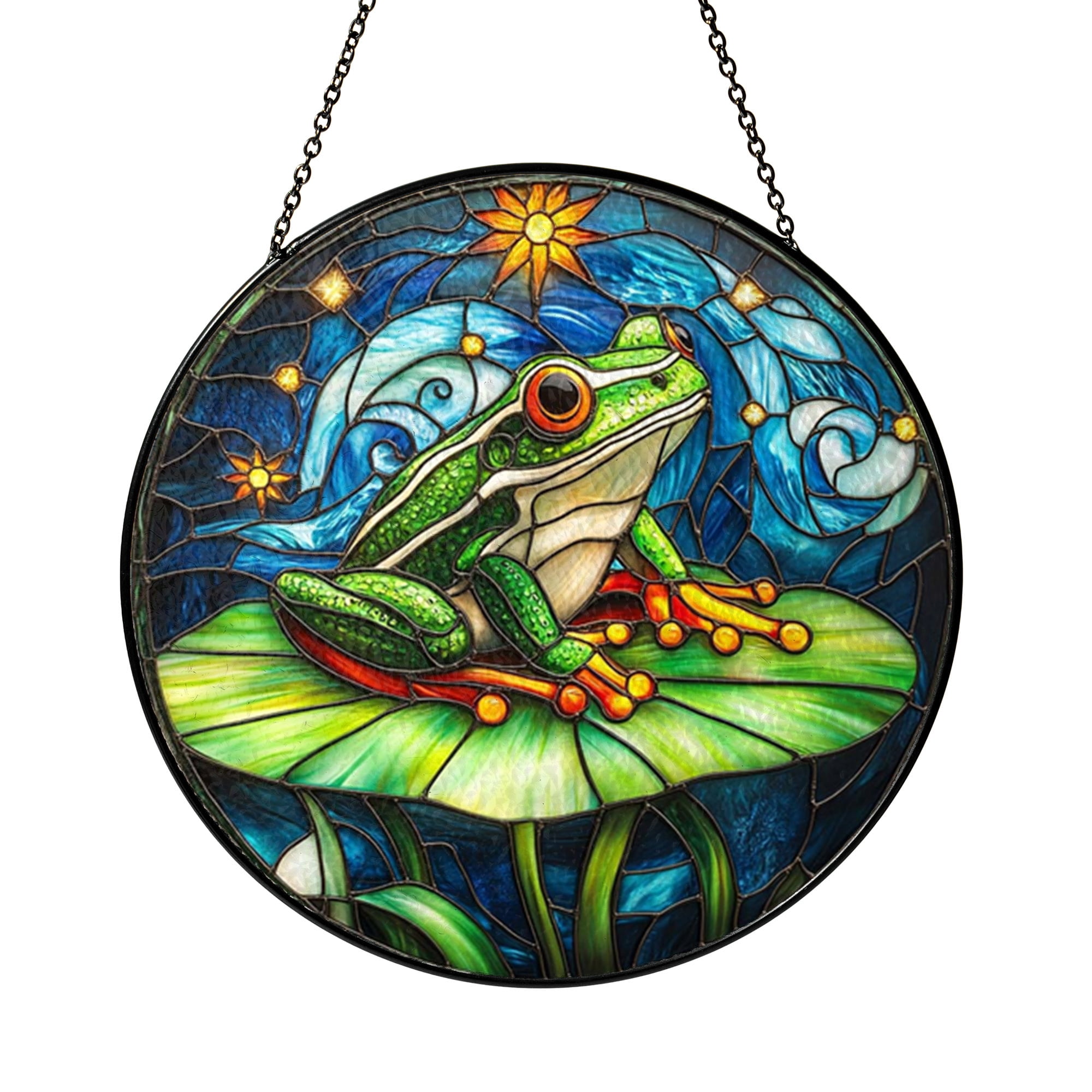 Fantasy Amphibian Frog Stained Glass Style Window Hanging, Starry Sky ...