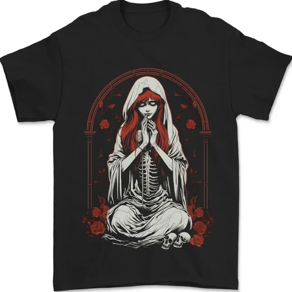 Fantasy Anime Girl Praying With Skulls & Roses Mens Womens S-5XL T ...