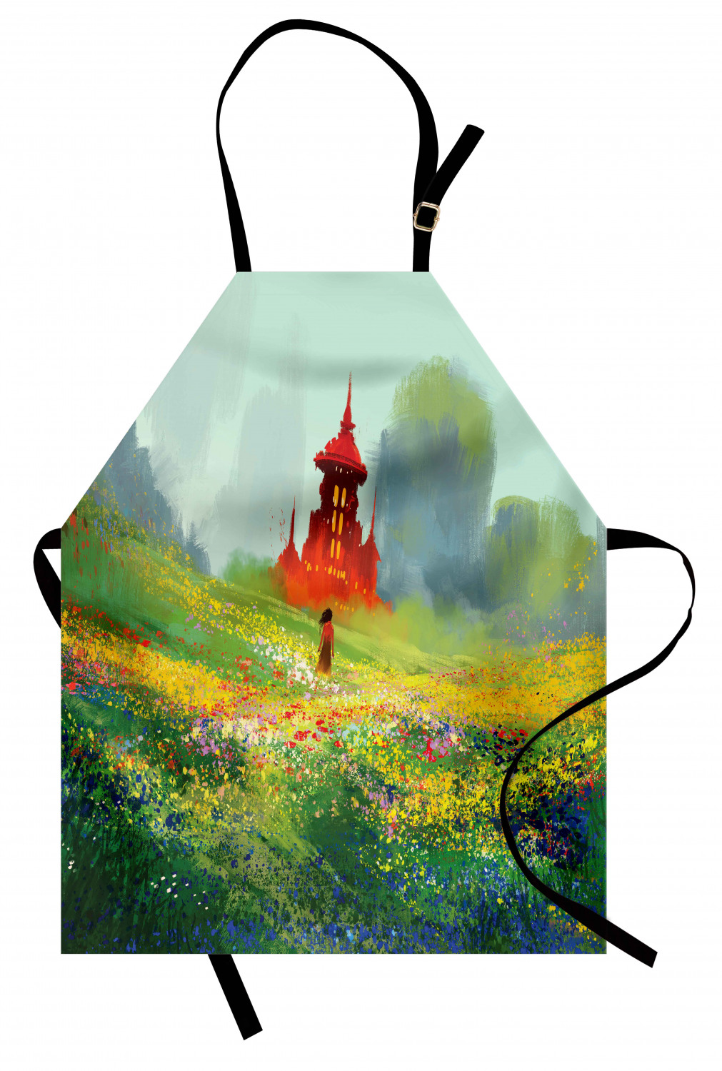Fantasy Apron Lady in Floral Field Meadow to Ancient Red Castle before ...