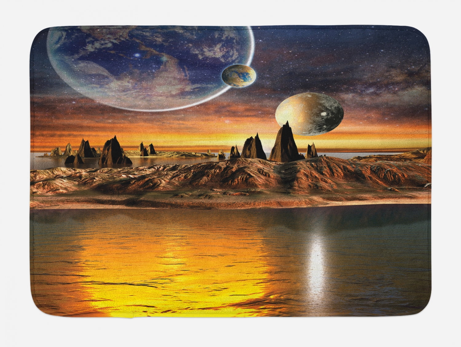 Fantasy Bath Mat, Alien Planet with Earth Moon and Mountain Fantasy Sci ...