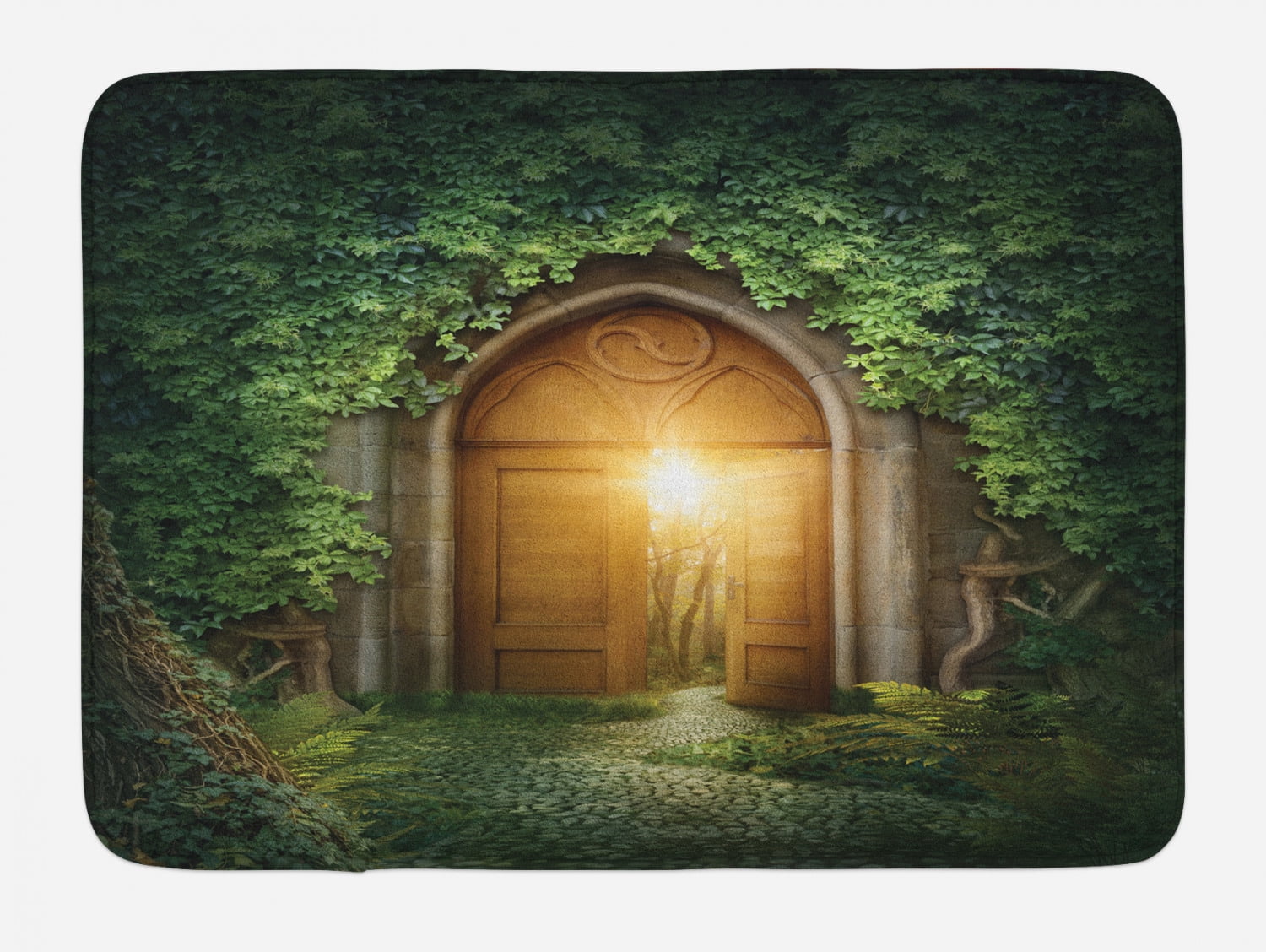 Fantasy Bath Mat, Sunbeams Through the Mysterious Half Opened Wooden ...