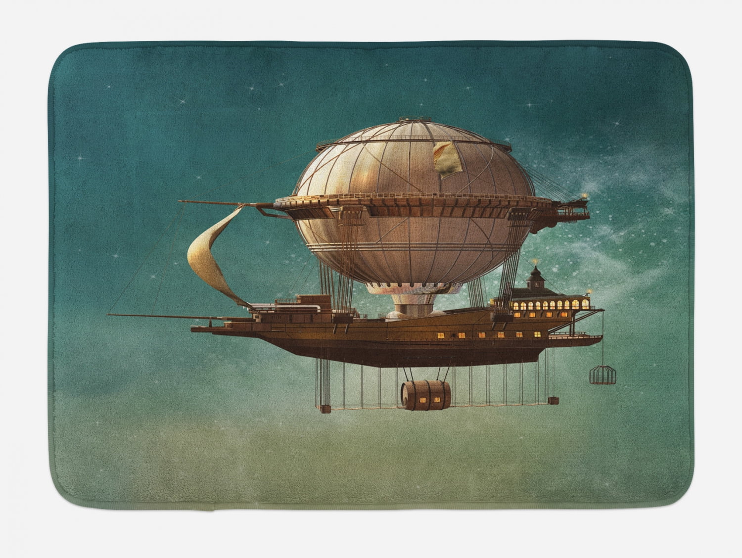 Fantasy Bath Mat, Surreal Sky Scenery with Steampunk Airship Fairy Sci ...