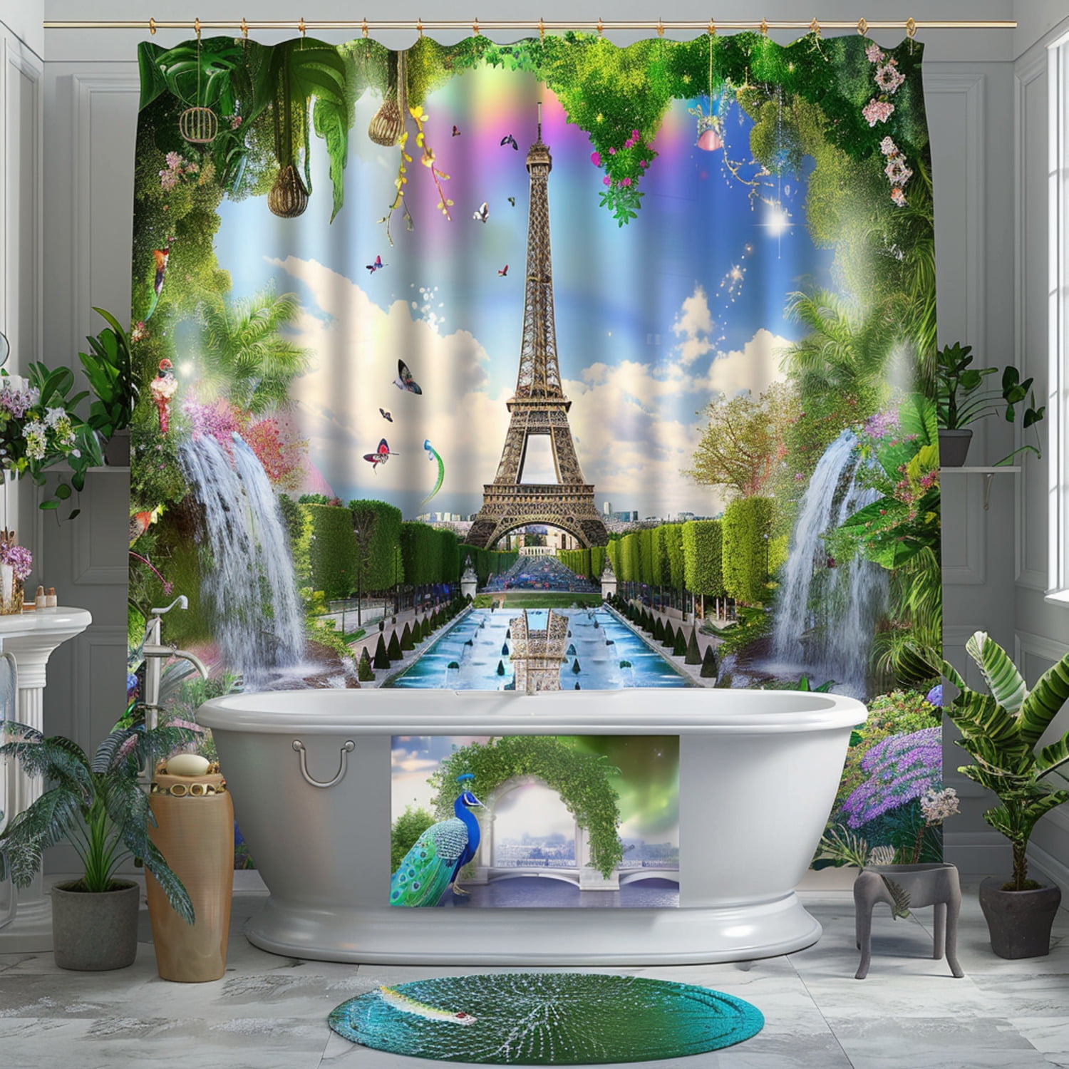 Fantasy Bathroom Shower Curtain with Peacock Rainbow Waterfall Eiffel ...