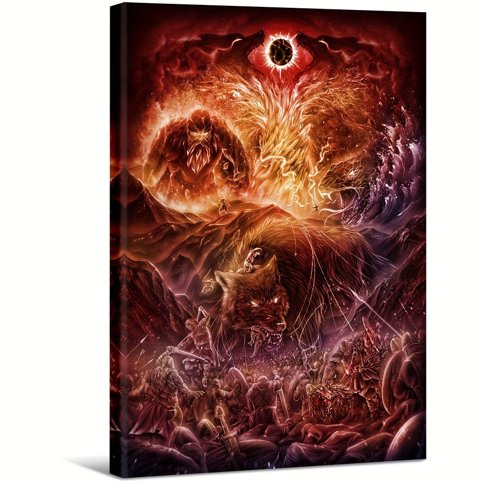 Fantasy Battle Scene With Werewolf And Warriors Large Wooden Framed ...