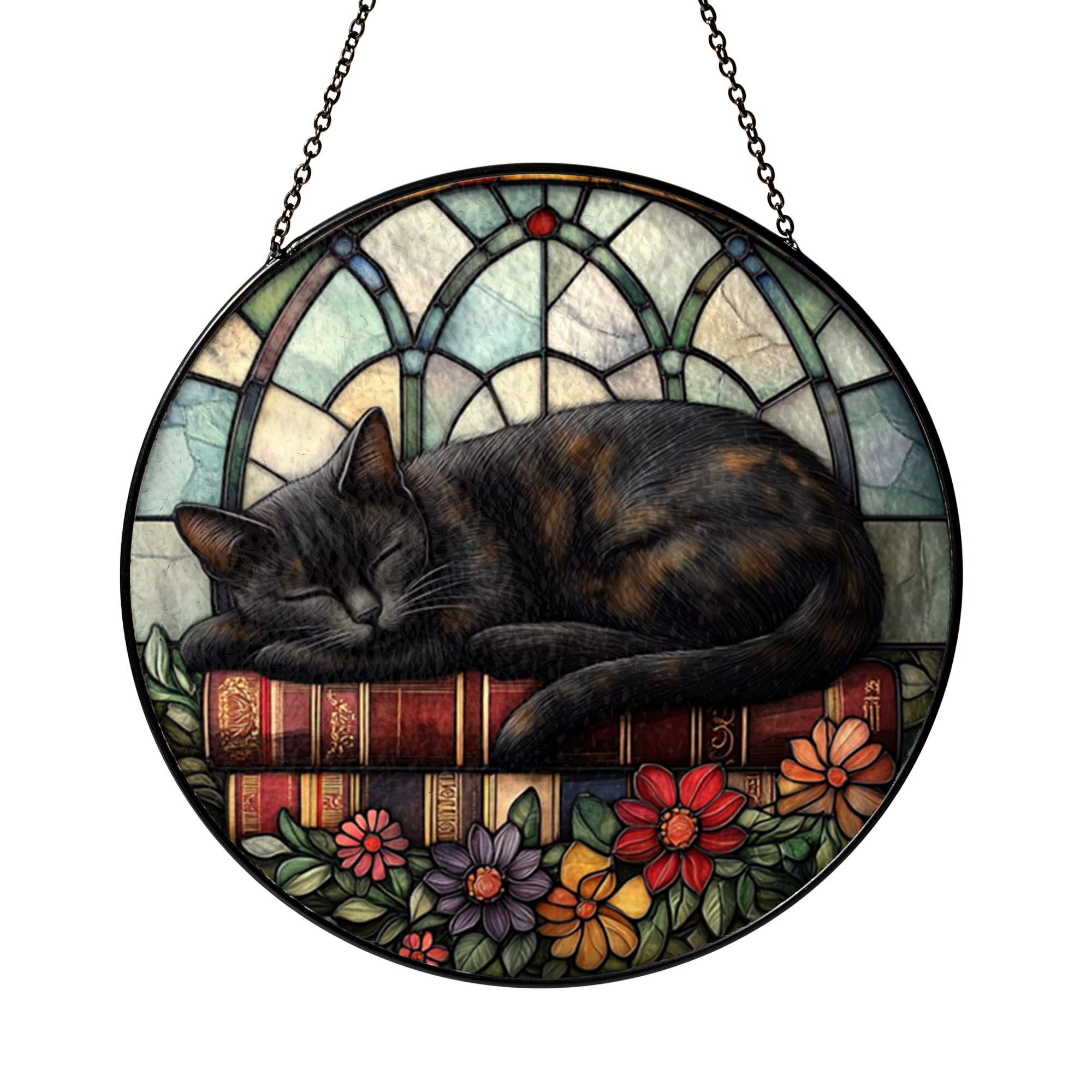 Fantasy Black Cat Stained Glass Style Window Suncatcher, Floral and ...
