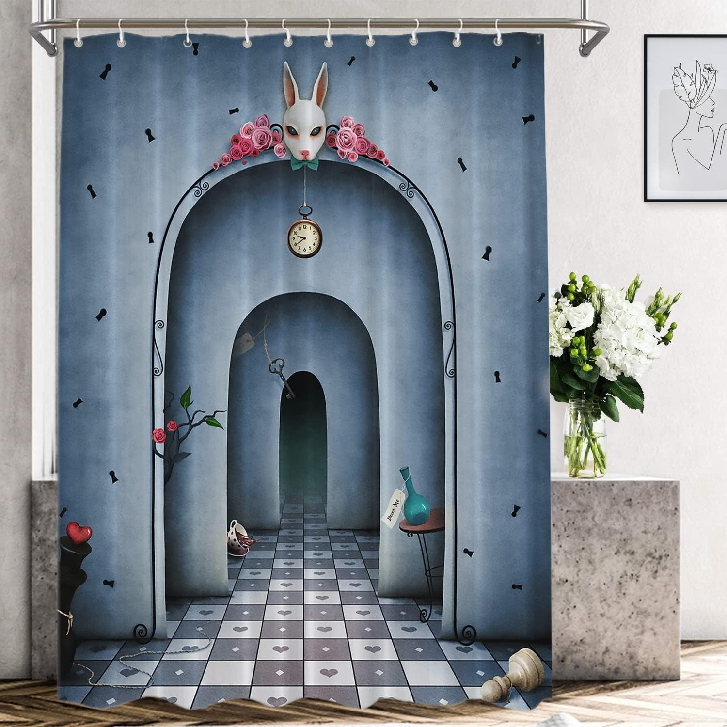 Fantasy Blue Book Decorative Shower Curtain, White Rabbit Time Alice ...
