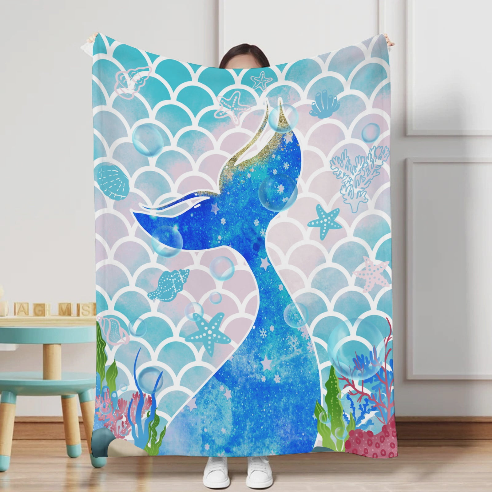 Fantasy Blue Mermaid Baby Blanket for Girl Boy Ocean Starfish Seaweed ...