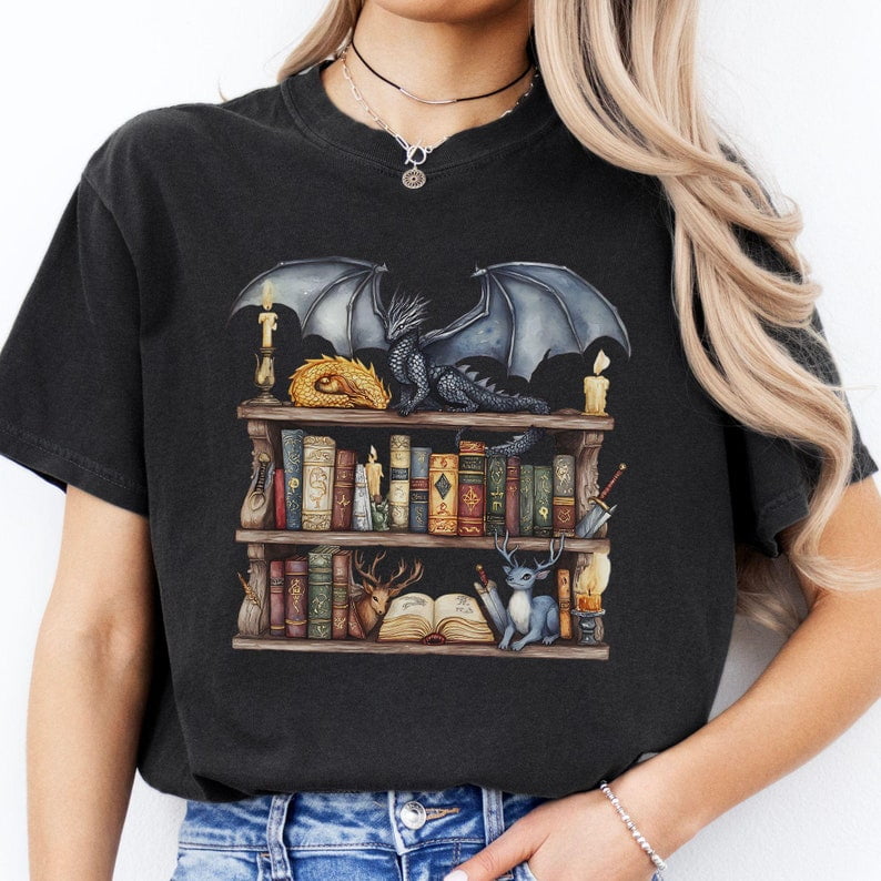Fantasy Bookshelf Shirt, Book Dragon Graphic, Subtle Bookworm Gift ...