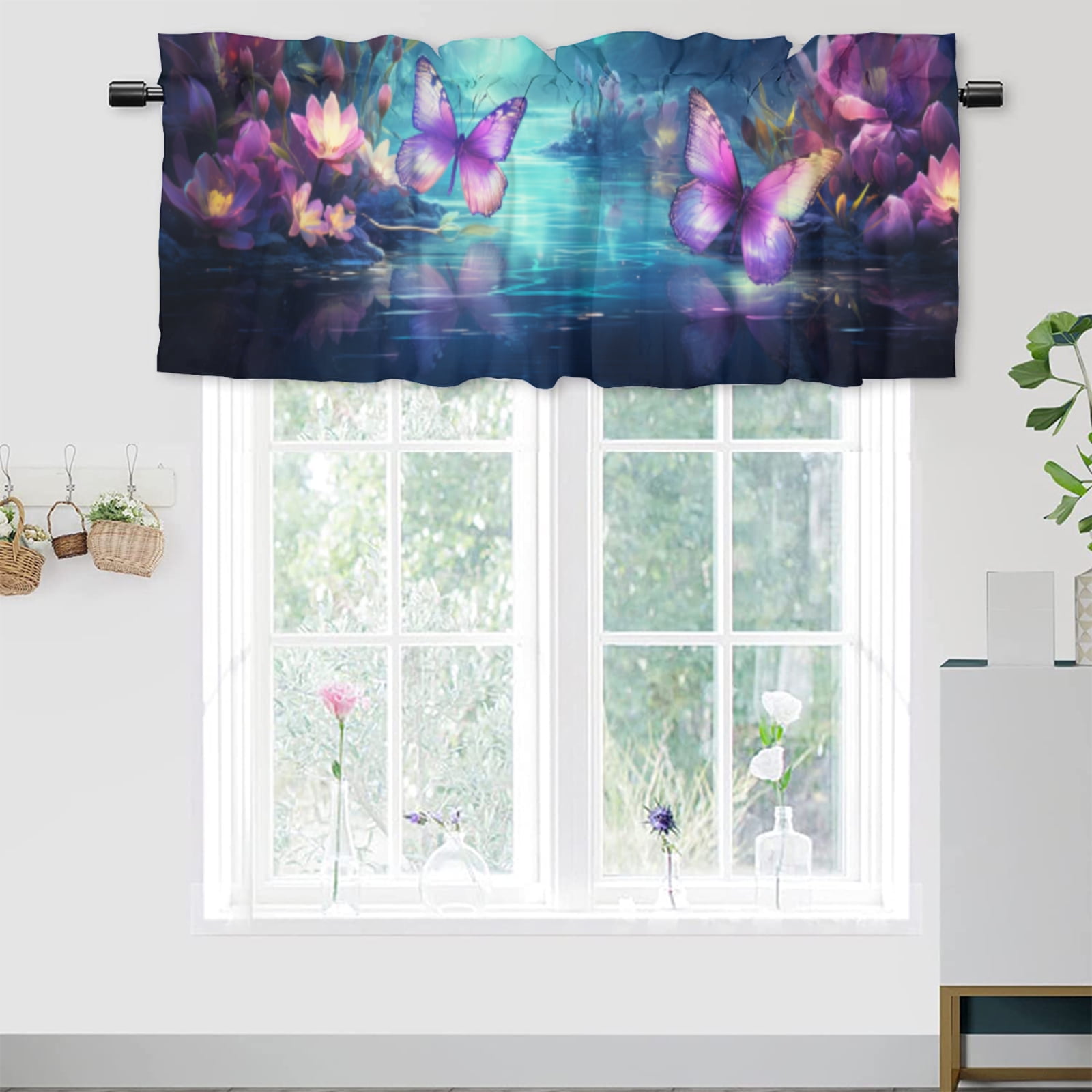 Fantasy Butterfly Curtain Valances Spring Nature Scenery Blossom Window ...