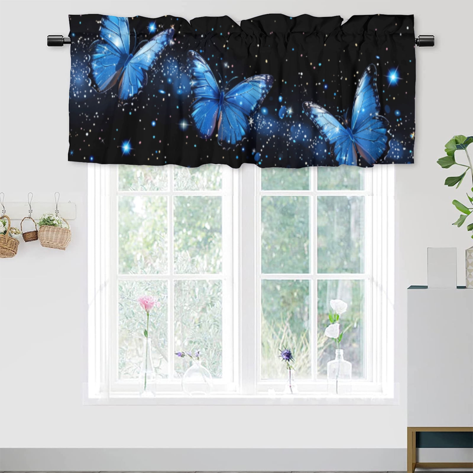 Fantasy Butterfly Kitchen Curtain Valances Blue Butterflies on Starry ...