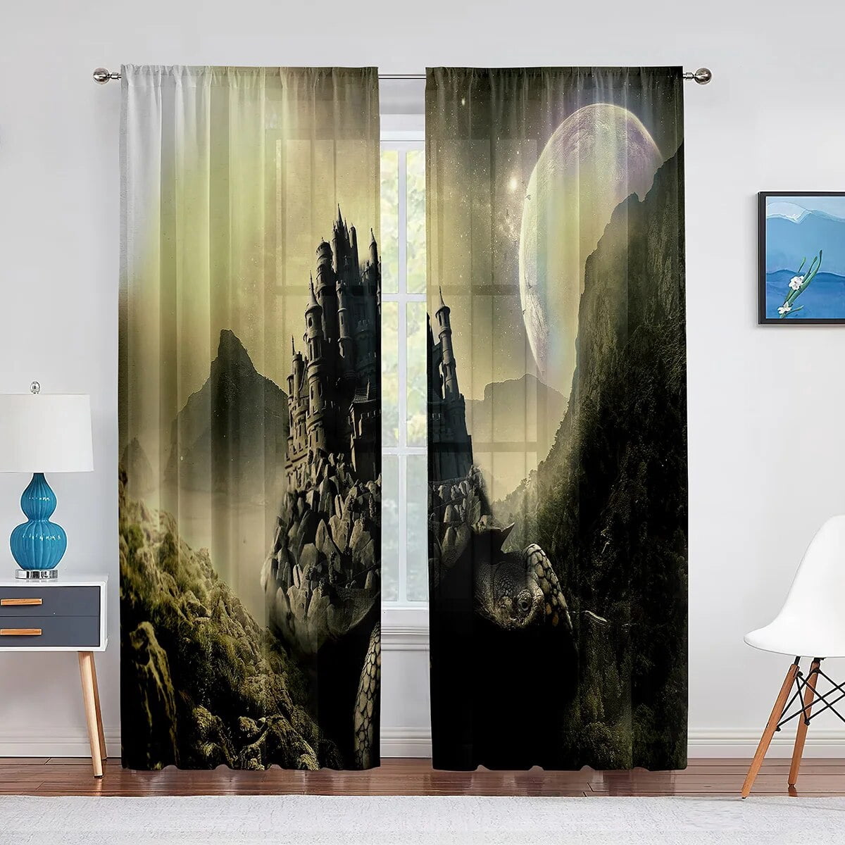 Fantasy Castle City Beside Mountains Sheer Voile Curtain Forest River ...