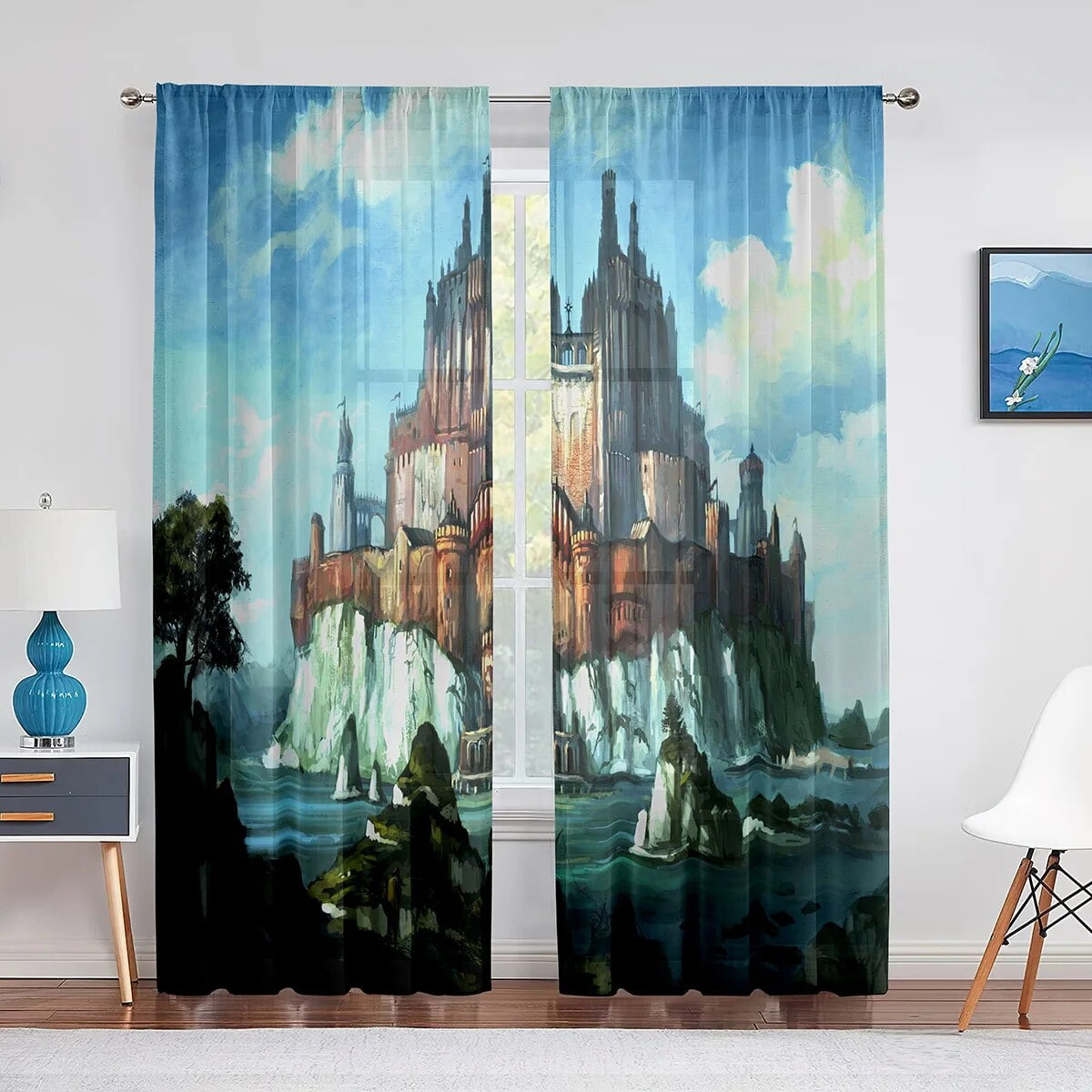 Fantasy Castle City Beside Mountains Sheer Voile Curtain Forest River ...