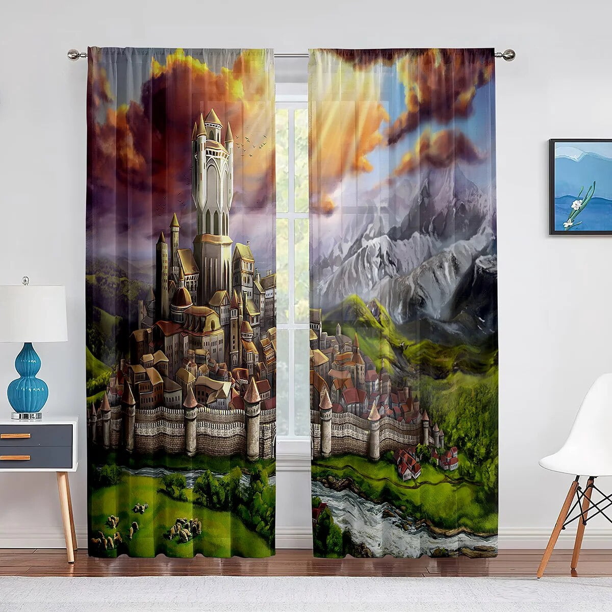 Fantasy Castle City Beside Mountains Sheer Voile Curtain Forest River ...