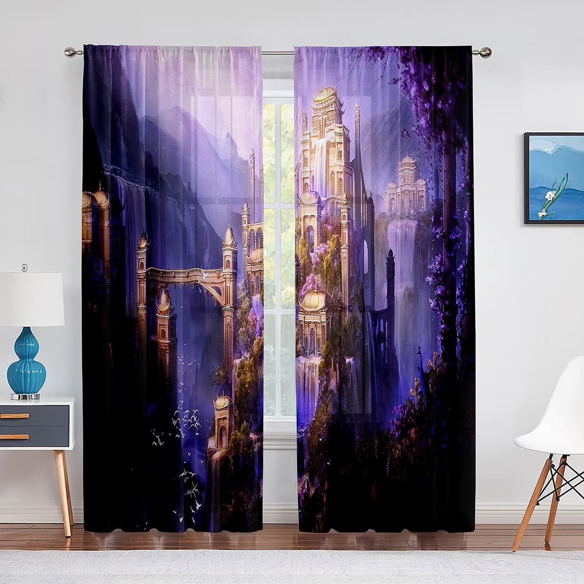 Fantasy Castle City Beside Mountains Sheer Voile Curtain Forest River ...