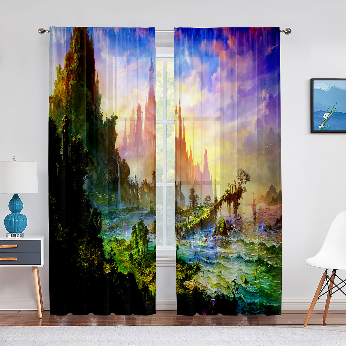 Fantasy Castle City Beside Mountains Sheer Voile Curtain Forest River ...