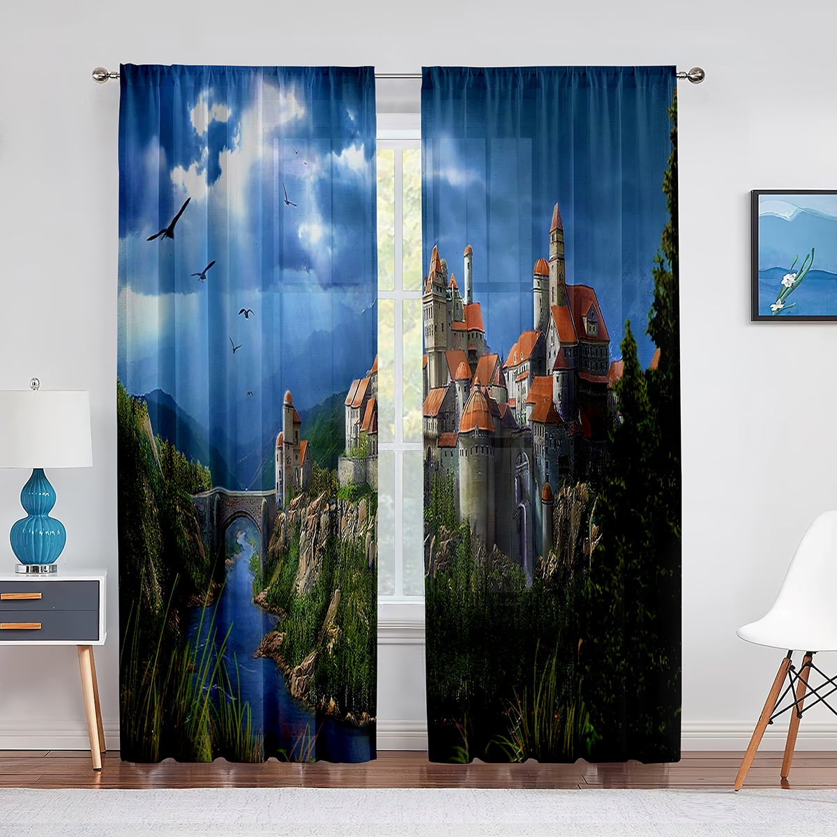 Fantasy Castle City Beside Mountains Sheer Voile Curtain Forest River ...
