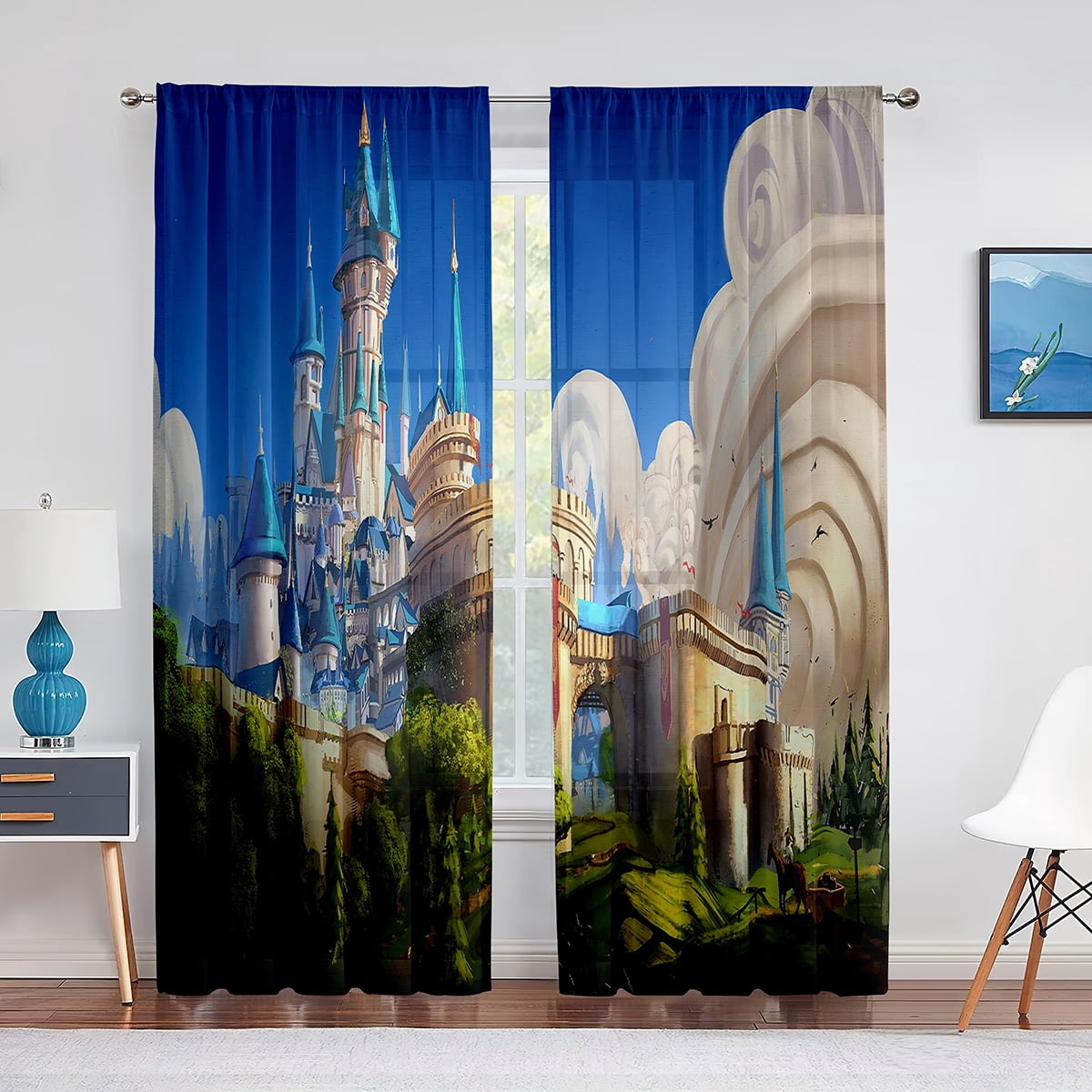Fantasy Castle City Beside Mountains Sheer Voile Curtain Forest River ...