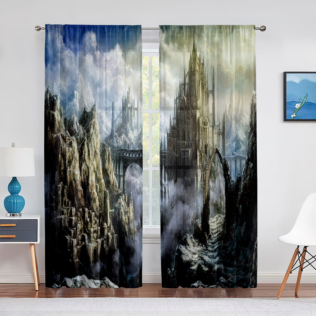 Fantasy Castle City Beside Mountains Sheer Voile Curtain Forest River ...