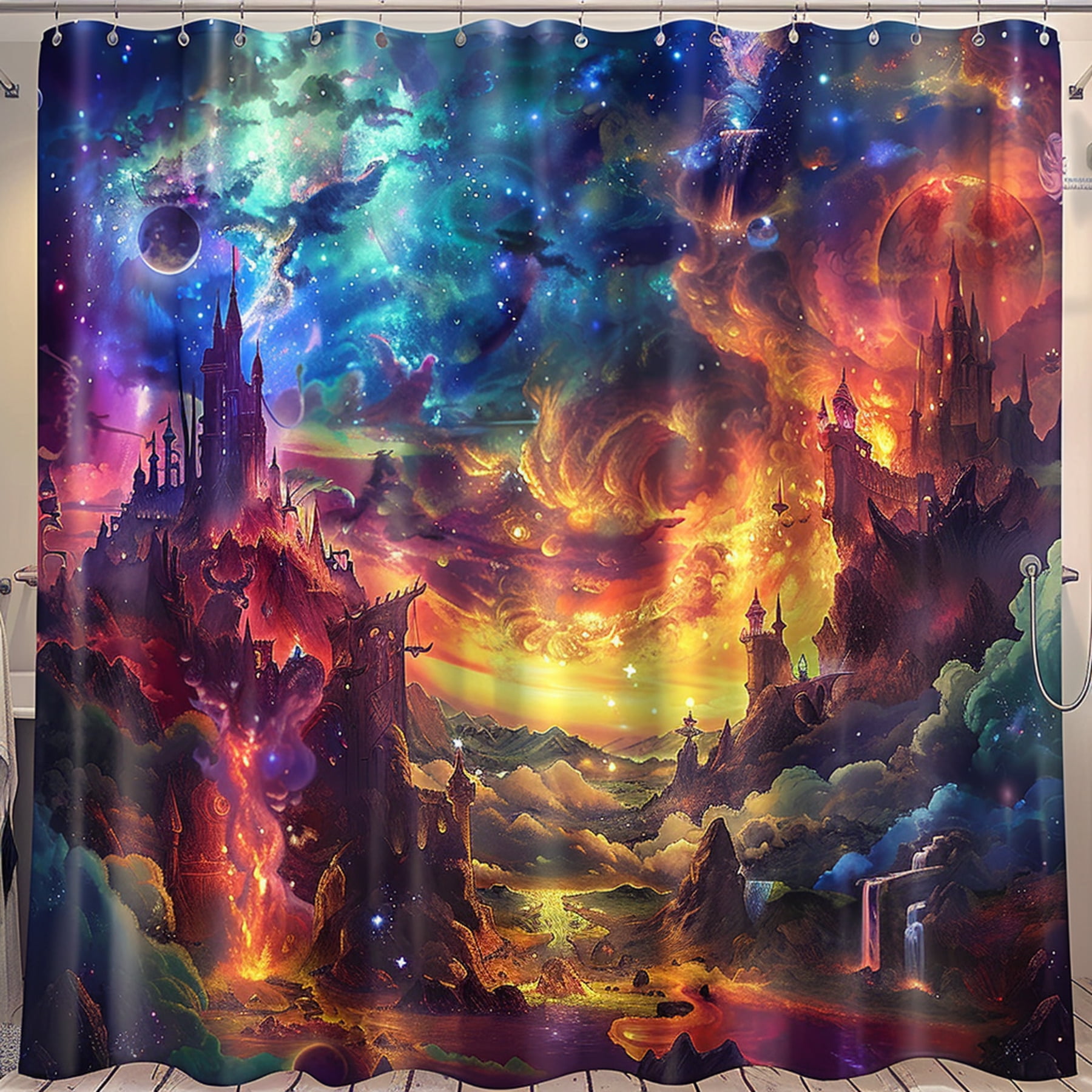 Fantasy Castle Dragon Explosion Shower Curtain Vibrant Gaming Theme for ...