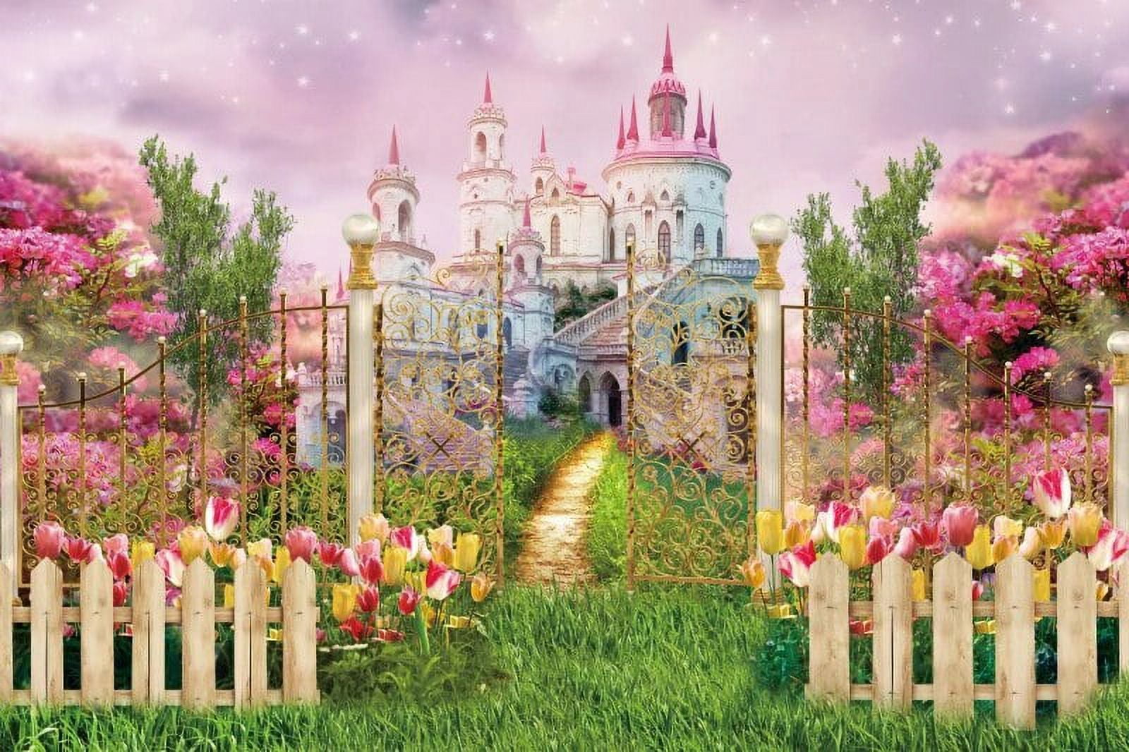 Fantasy Castle Girls Birthday Photo Backdrop Pink Flowers Green Grass ...