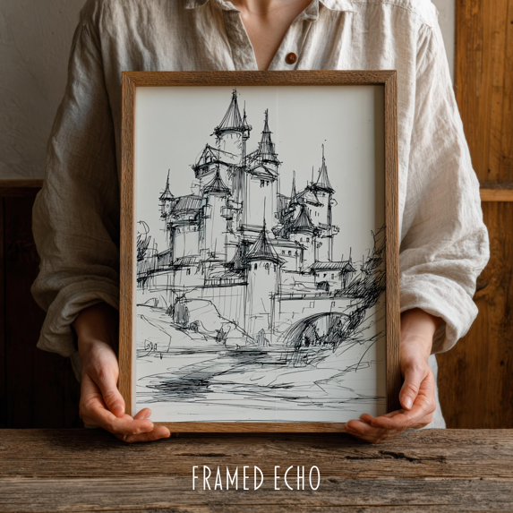 Fantasy Castle Sketch: Dark Academia Gothic Ink Drawing UNFRAMED Poster ...
