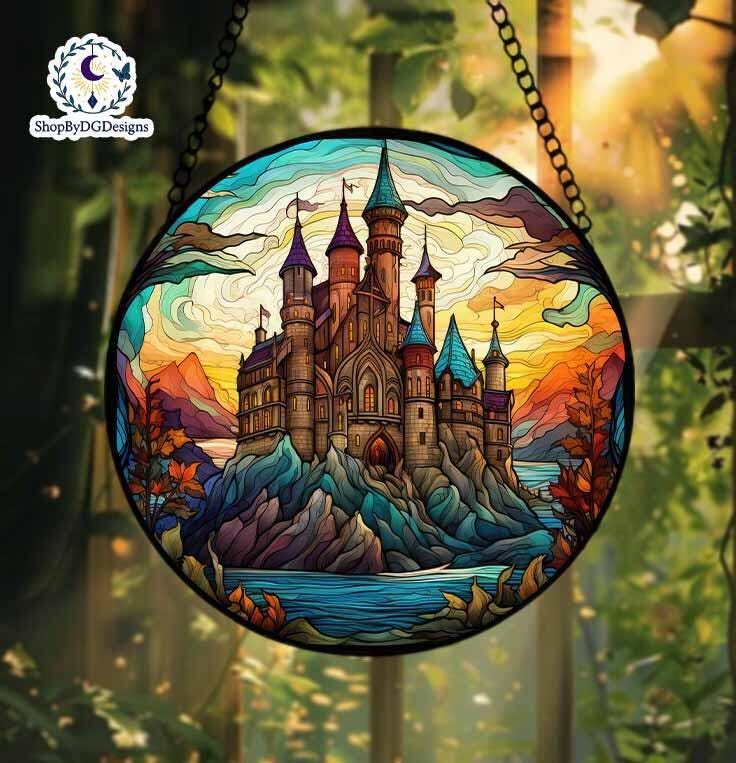 Fantasy Castle Stained Glass, Colorful Sunset Window Art, Magical Gift ...