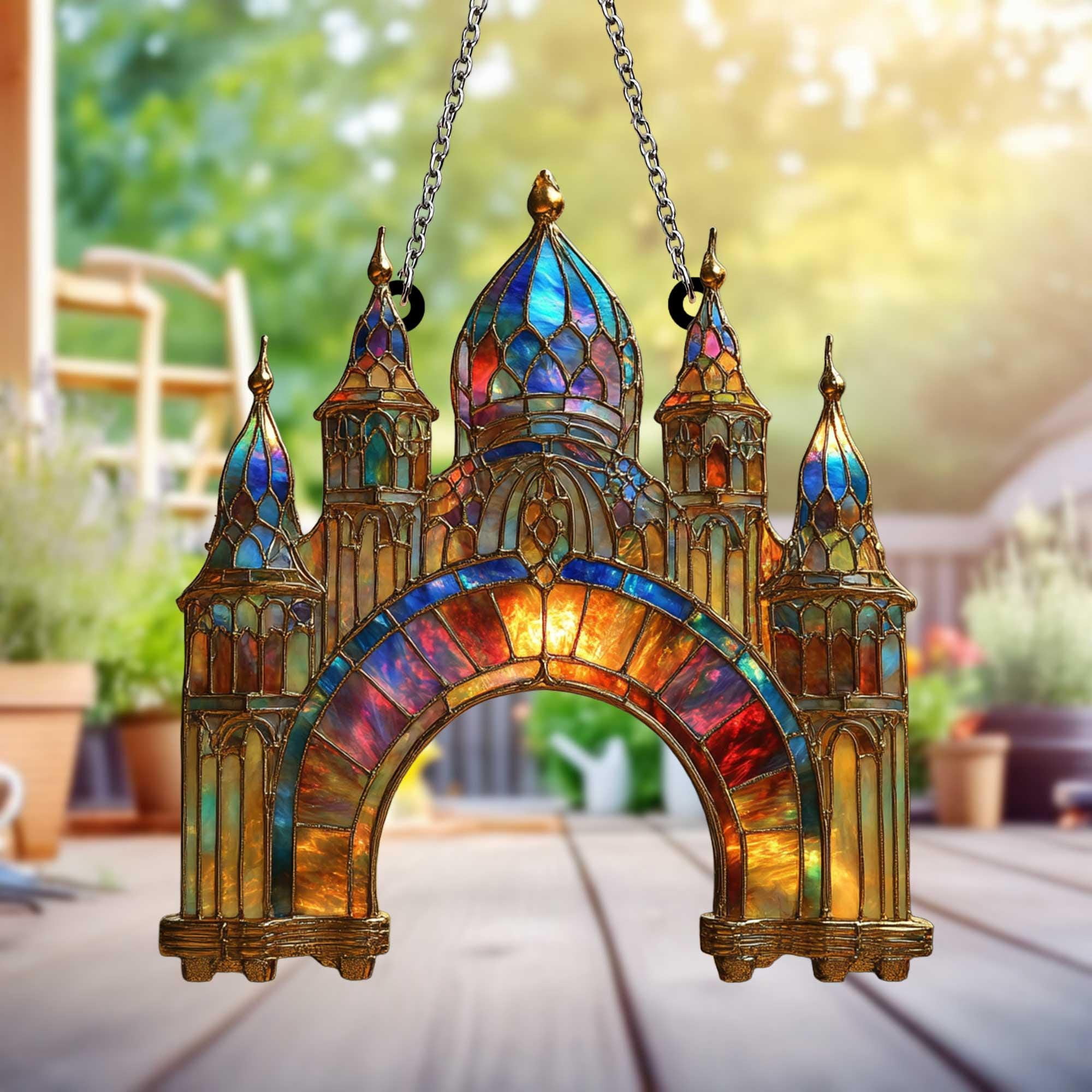 Fantasy Castle Suncatcher, Acrylic Window Hanging with Glowing Rainbow ...
