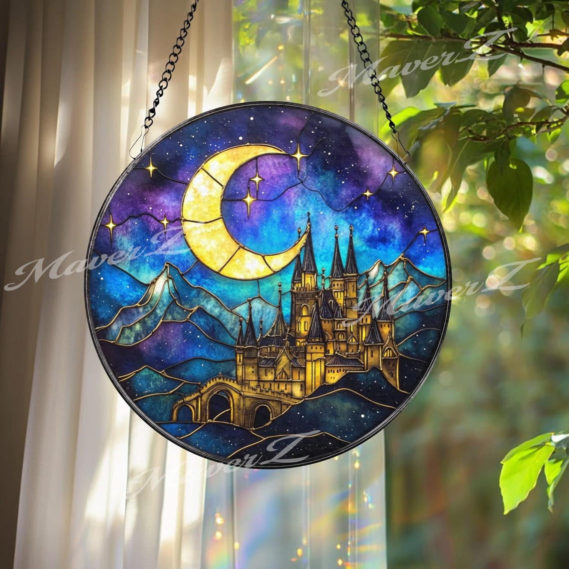 Fantasy Castle Suncatcher, Moonlight Glass Window Decor, 6.3 in ...