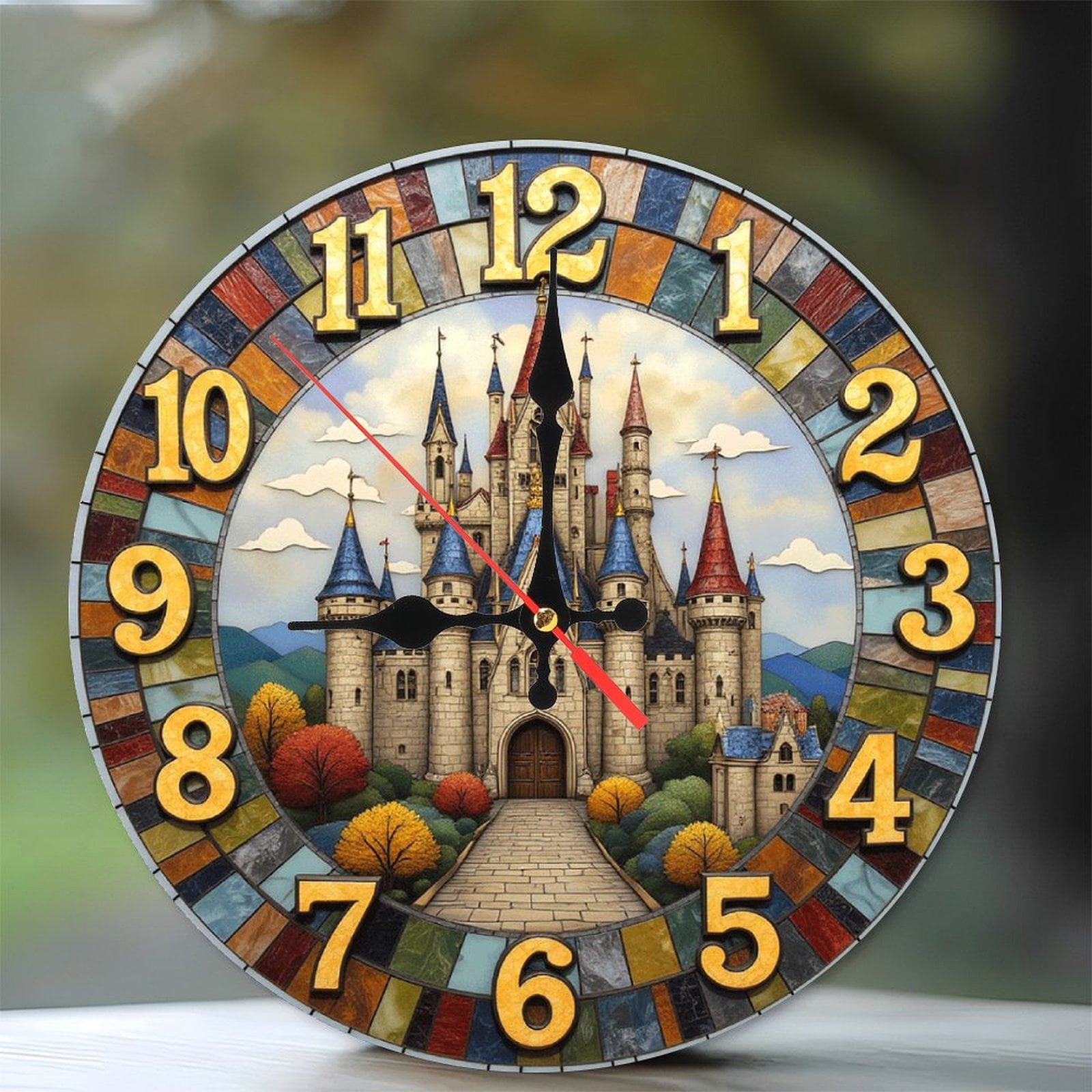 Fantasy Castle Wall Clock Colorful Round Design 10-Inch Silent Wooden ...