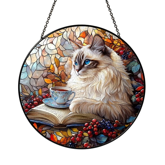 Fantasy Cat Reading Book Stained Glass Window Decor – Handmade Library ...