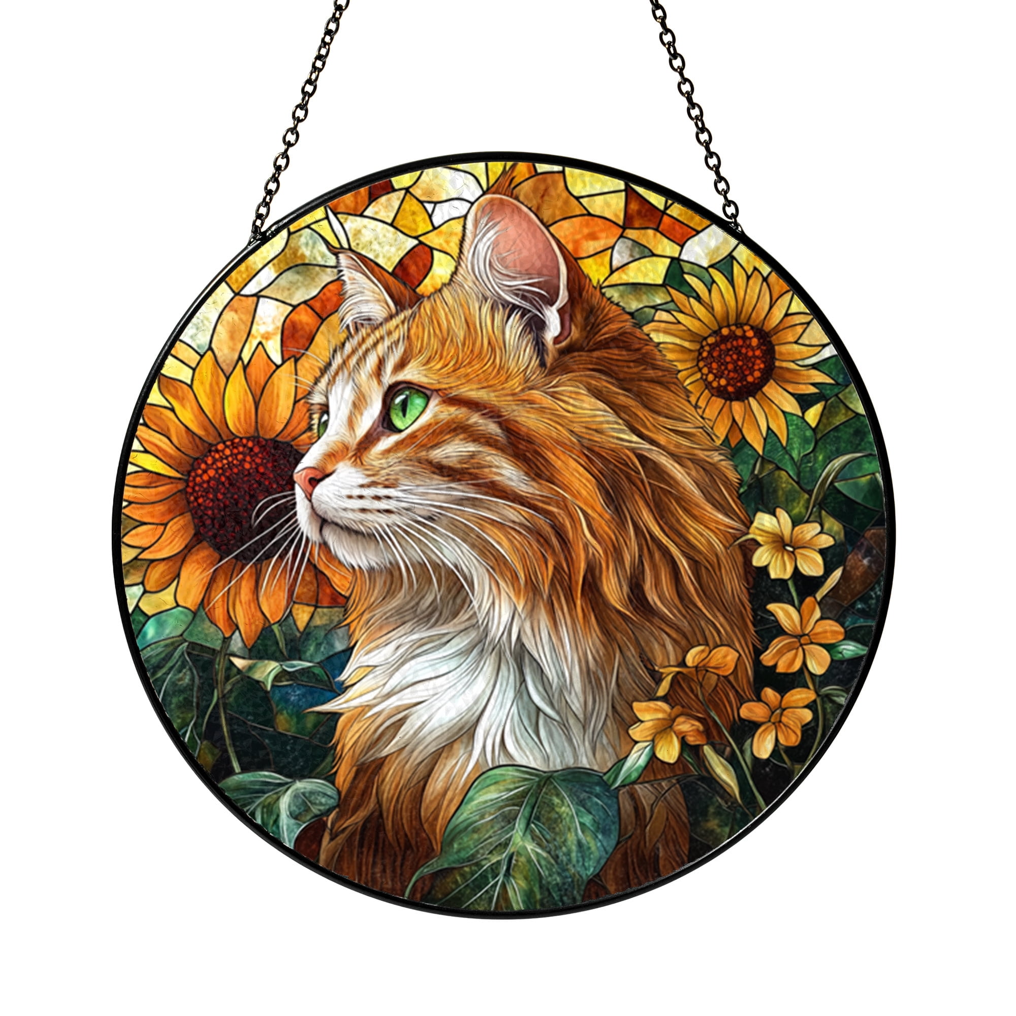 Fantasy Cat Stained Glass Style Window Suncatcher with Sunflower Design ...
