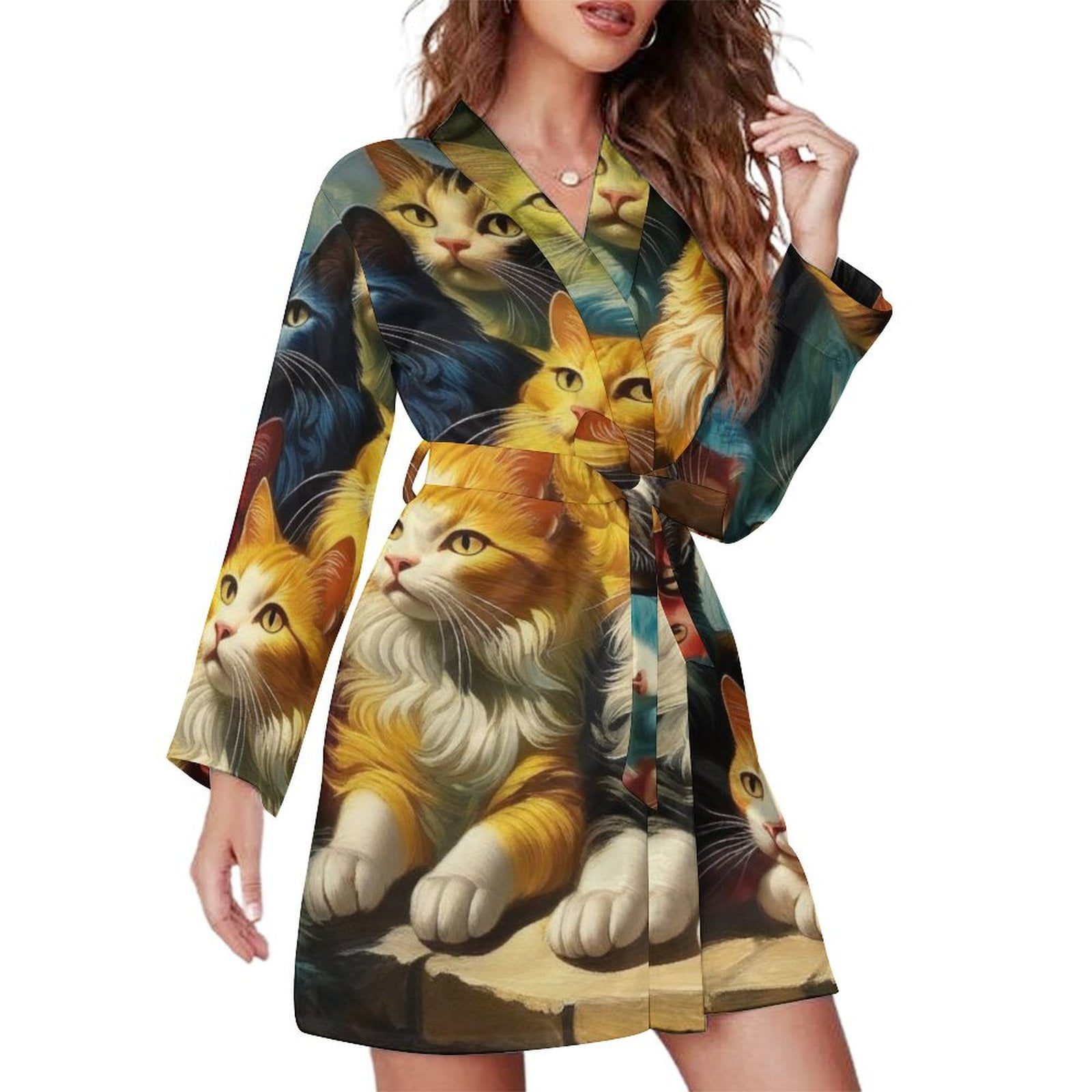 Fantasy Cats Family Night Robe Long Sleeve V Neck Robe With Belt Women ...