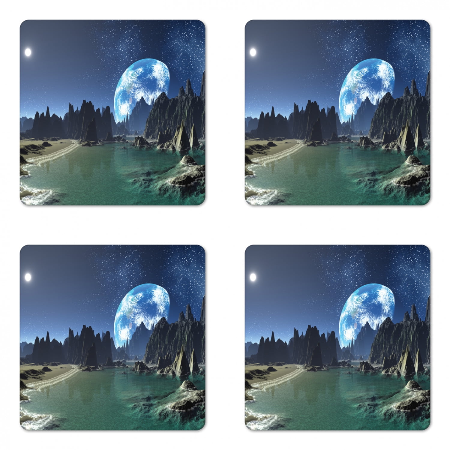 Fantasy Coaster Set of 4, Tranquil Futuristic View of Earth Rising from ...