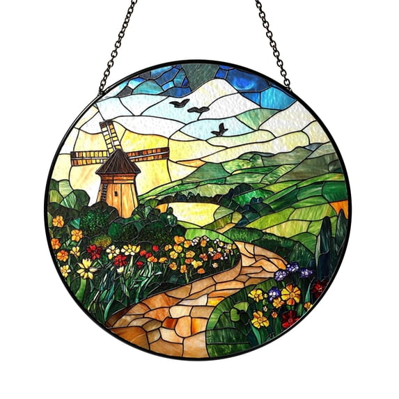 Fantasy Countryside Windmill Stained Glass Suncatcher, Floral Landscape ...