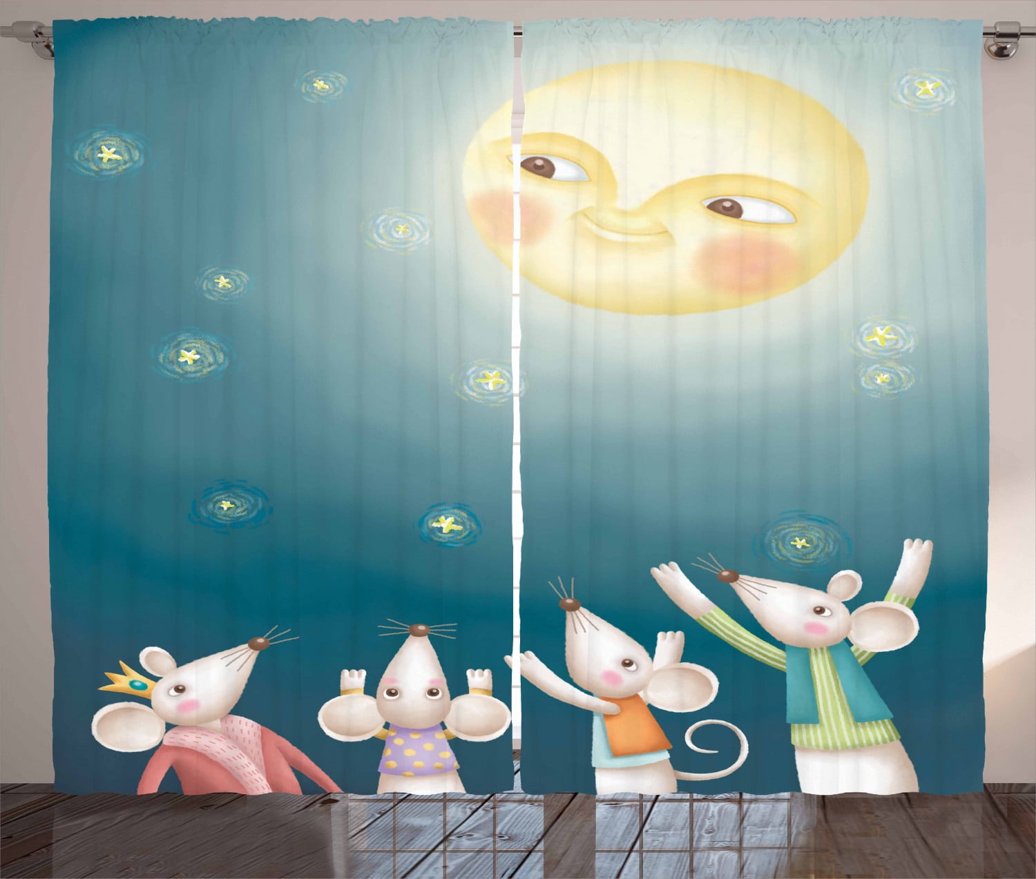 Ambesonne Fantasy Curtains 2 Panel Set, Mouse Crowd Full Moon, 108" x ...