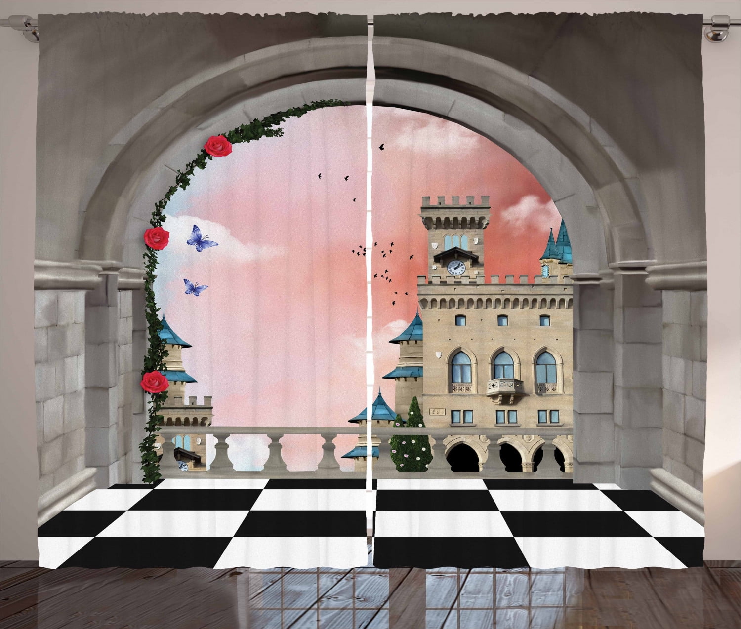 Ambesonne Fantasy Curtains 2 Panel Set, Medieval Castle Balcony, 108" x ...