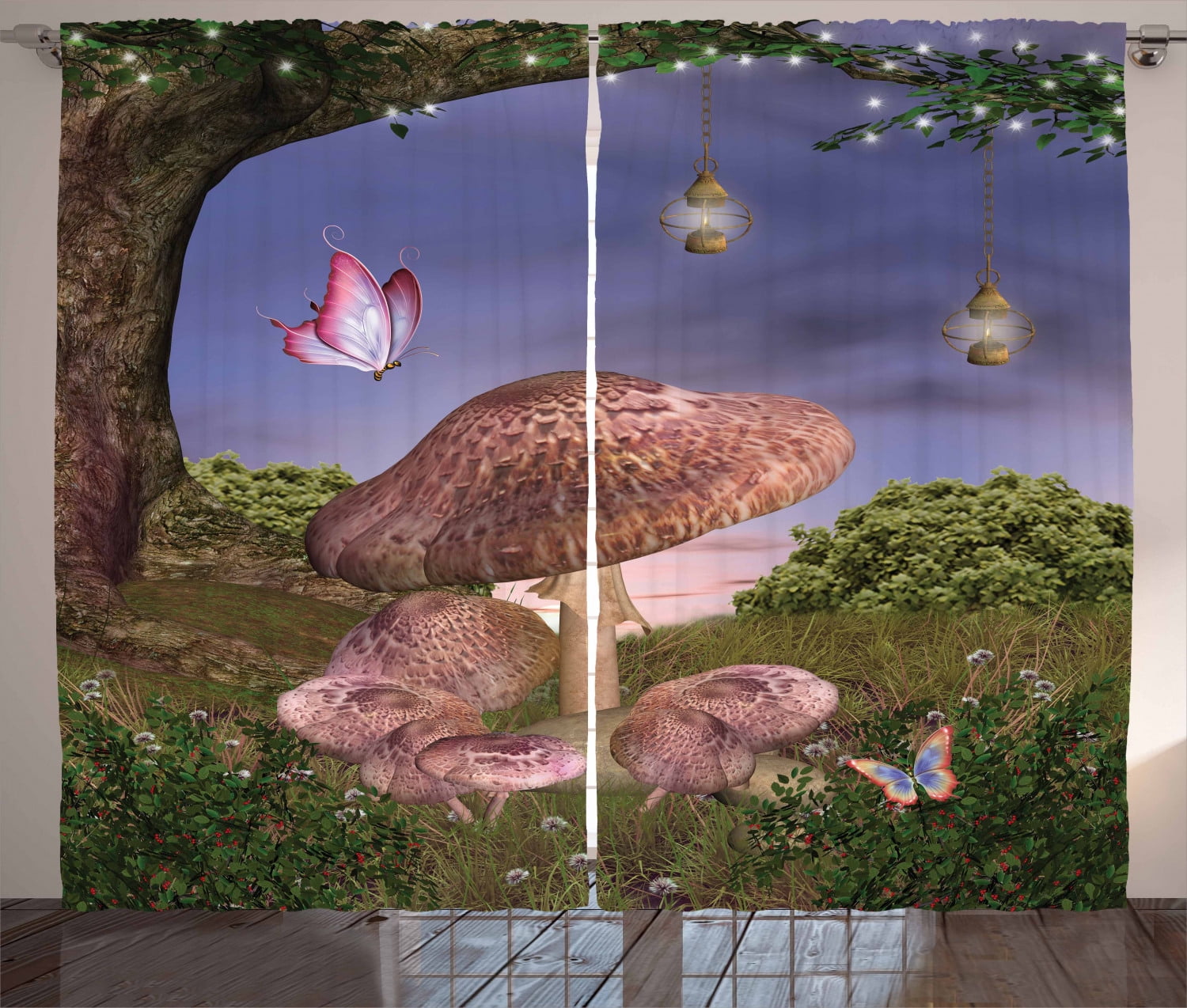 Ambesonne Fantasy Curtains 2 Panel Set, Enchanted Forest Magic Art, 108 ...