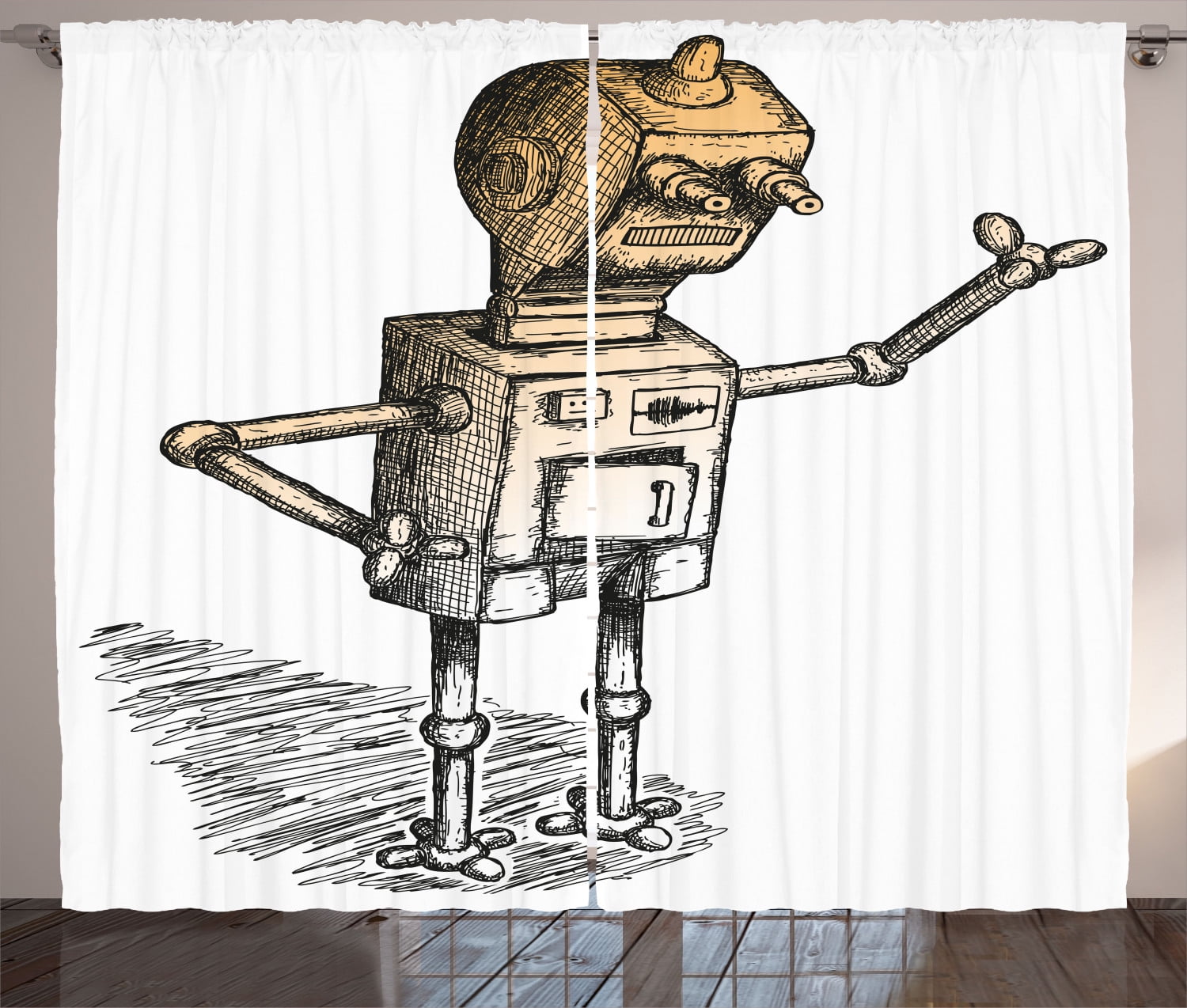 Ambesonne Humor Curtains 2 Panel Set, Sketchy Futuristic Robot, 108" x ...