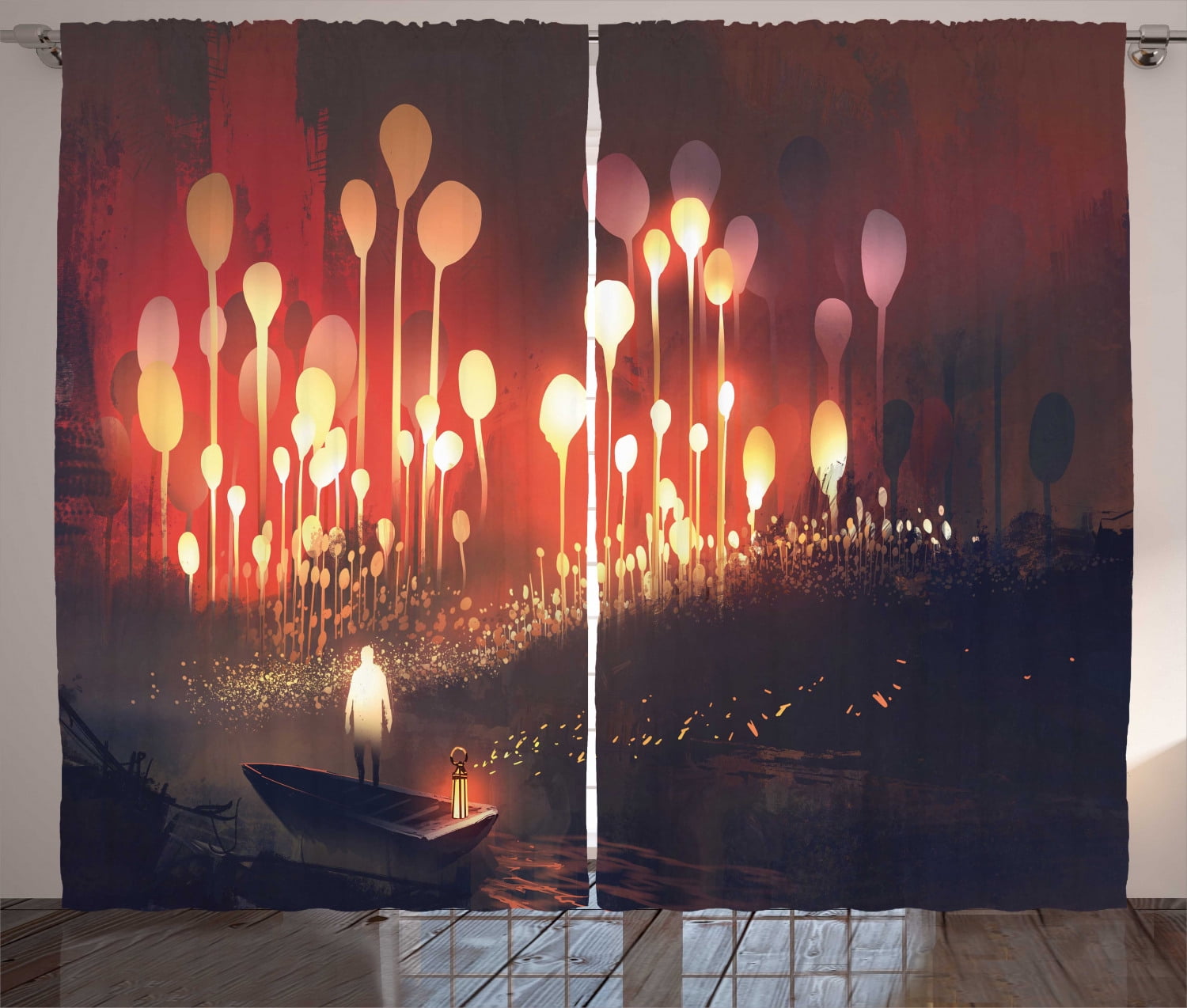 Ambesonne Fantasy Curtains 2 Panel Set, Night Scenery, 108" x 63", Ruby ...