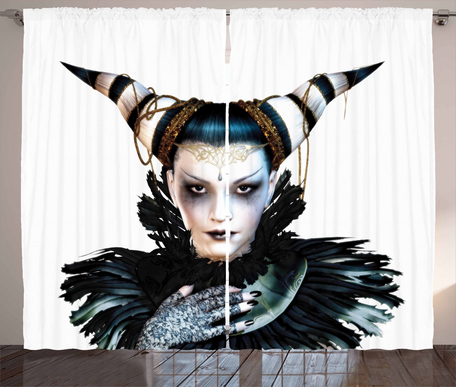 Ambesonne Fantasy Curtains 2 Panel Set, Gothic Lady Hair Horns, 108" x ...