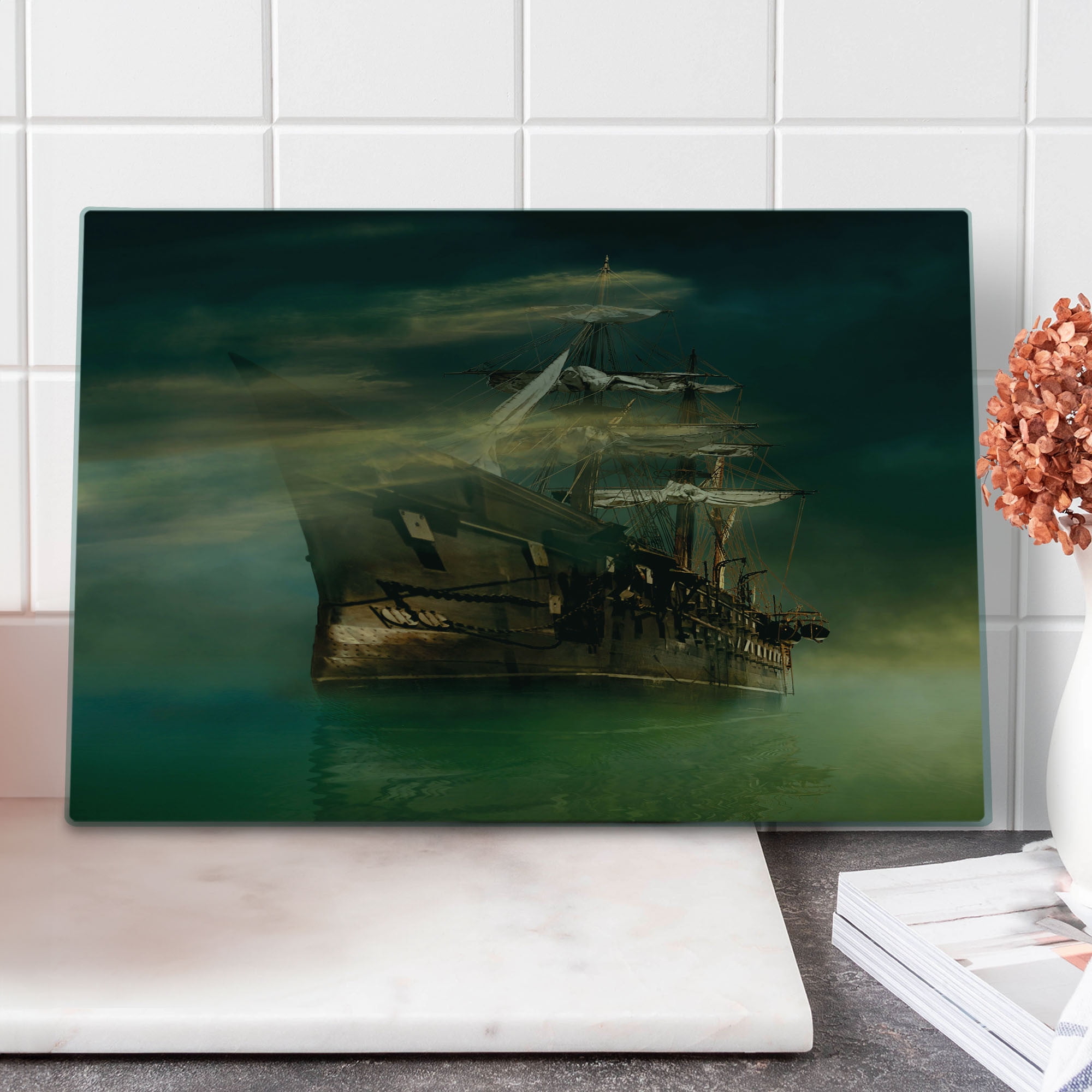 Fantasy Cutting Board, Phantasmagoric Old Ship Sailing on Calm SeMisty ...