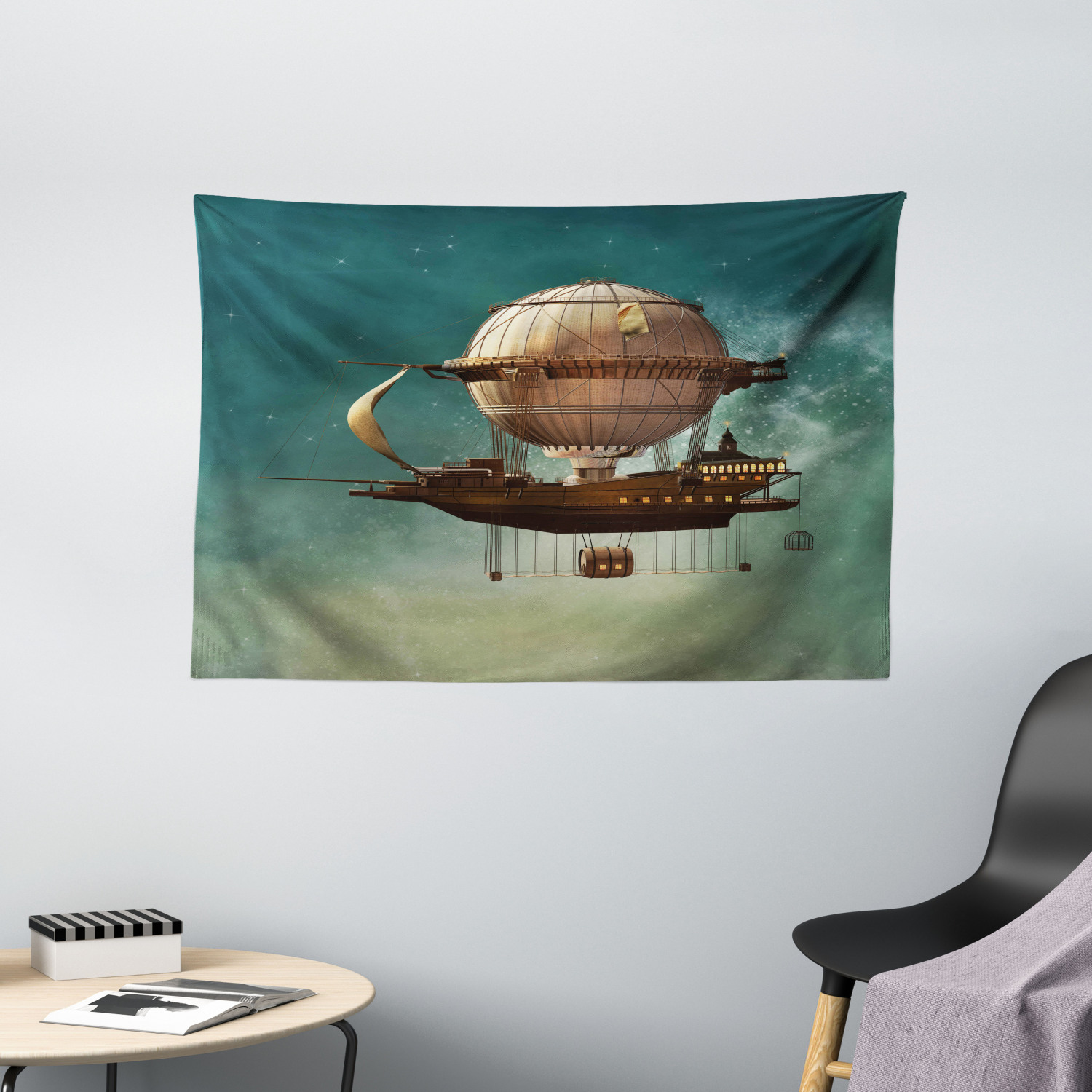 Fantasy Decor Tapestry, Surreal Sky Scenery with Steampunk Airship ...