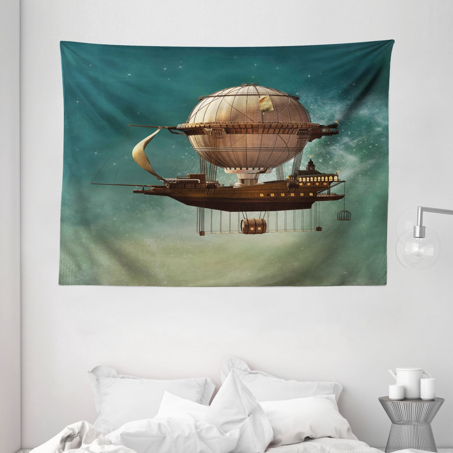Fantasy Decor Tapestry, Surreal Sky Scenery with Steampunk Airship ...