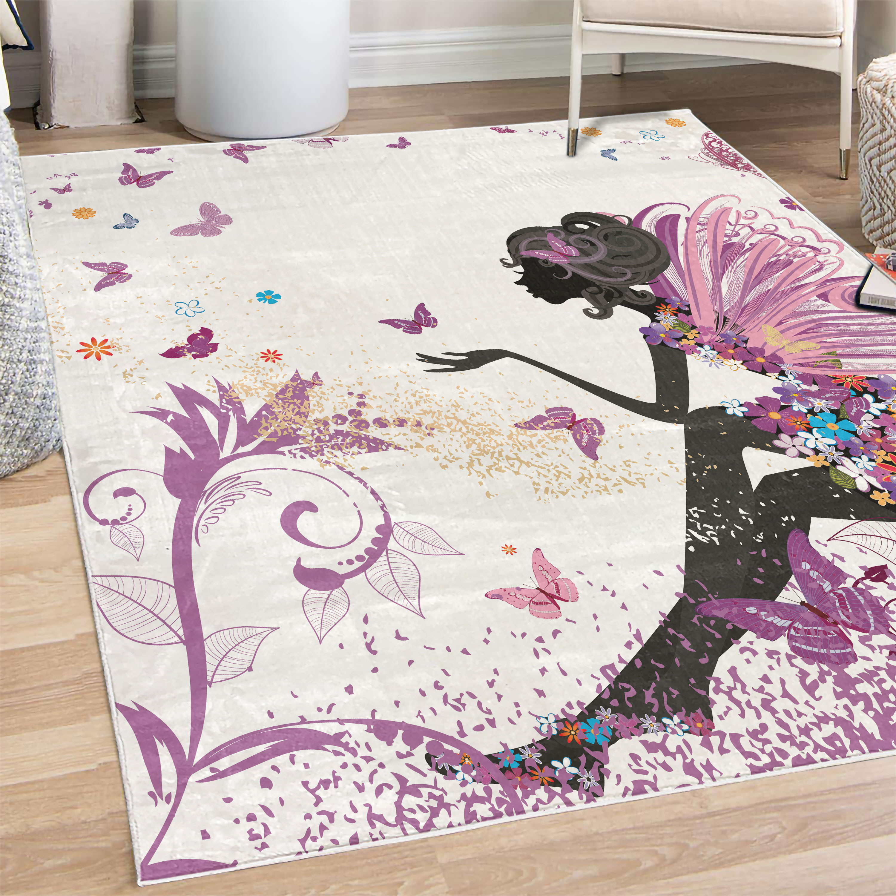 Fantasy Decorative Rug, Spring Girl Wings in a Floral Dress Surreal ...