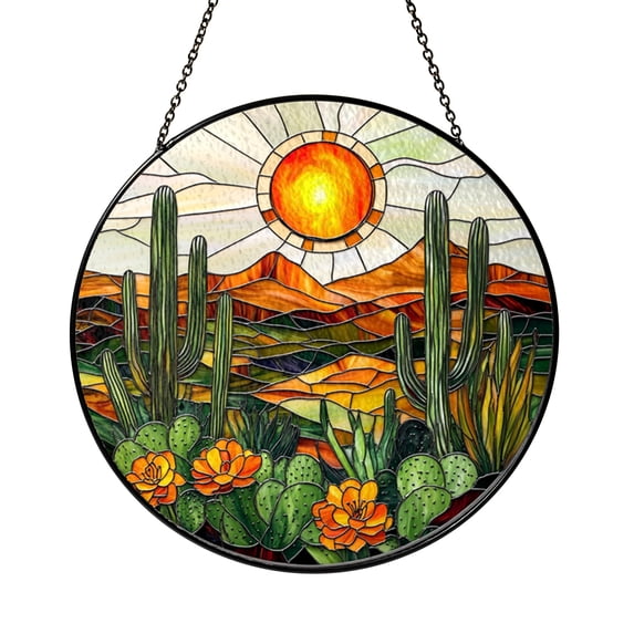 Fantasy Desert Sunset Cactus Stained Glass Window Decor – Handmade ...