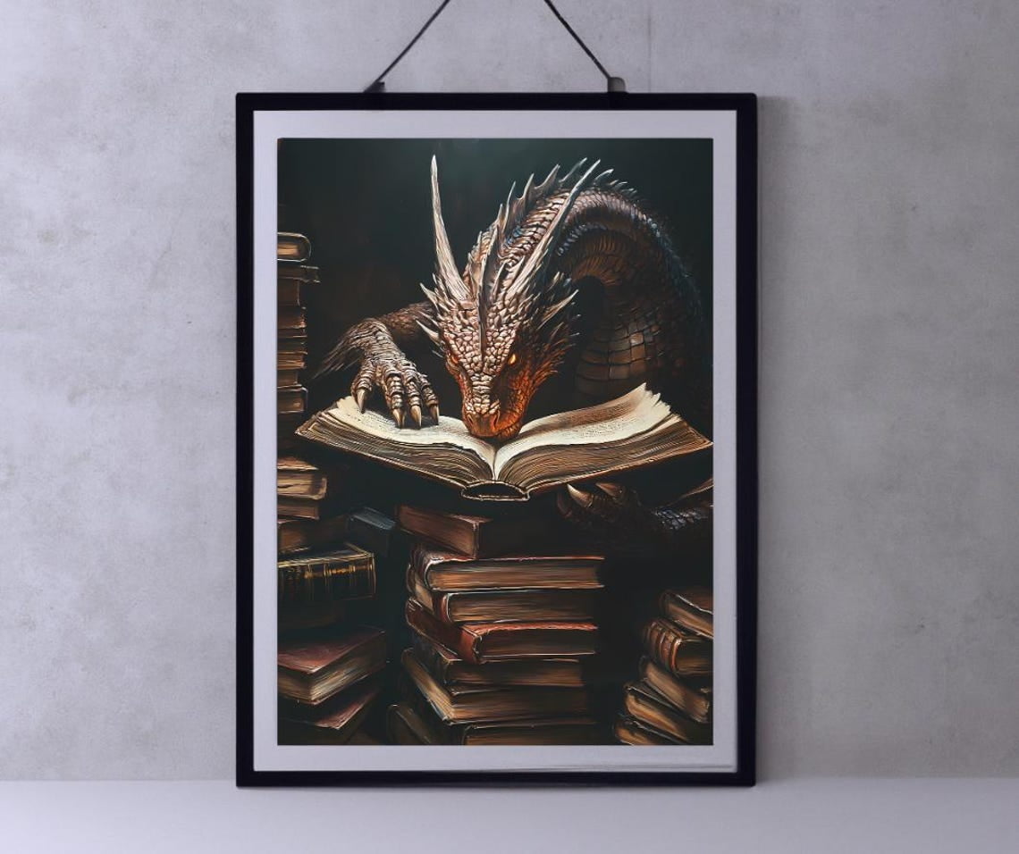 Fantasy Dragon Book Art Print, Mythical Book Lover Wall Decor, Fantasy ...