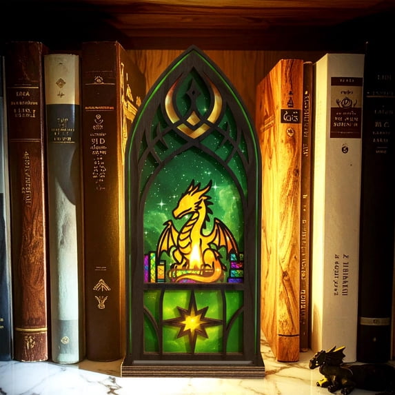 Fantasy Dragon Book Nook with Candle, Glowing Dragon Bookshelf Decor ...