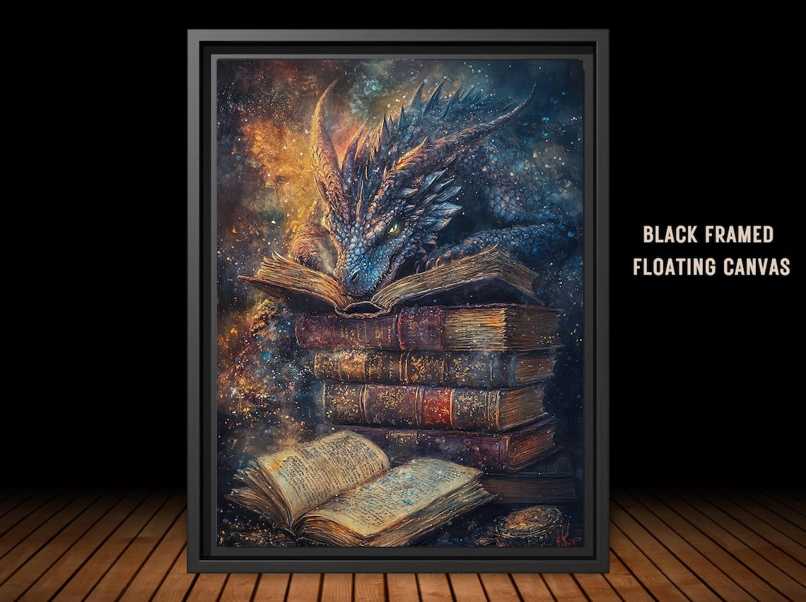 Fantasy Dragon Book Poster, Mystical Creature Library Wall Art Decor ...